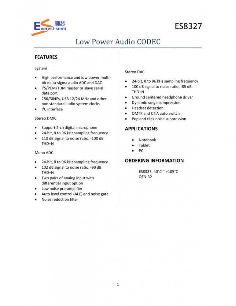 ES8327 datasheet page 1