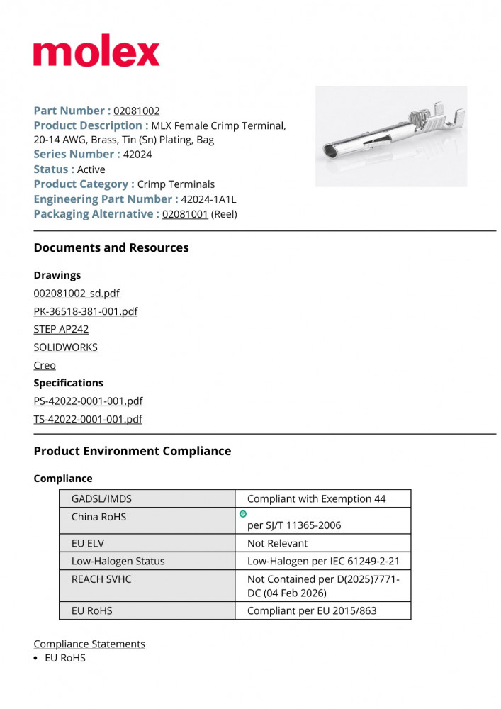 MOLEX 02081002 technical drawing preview, page 1