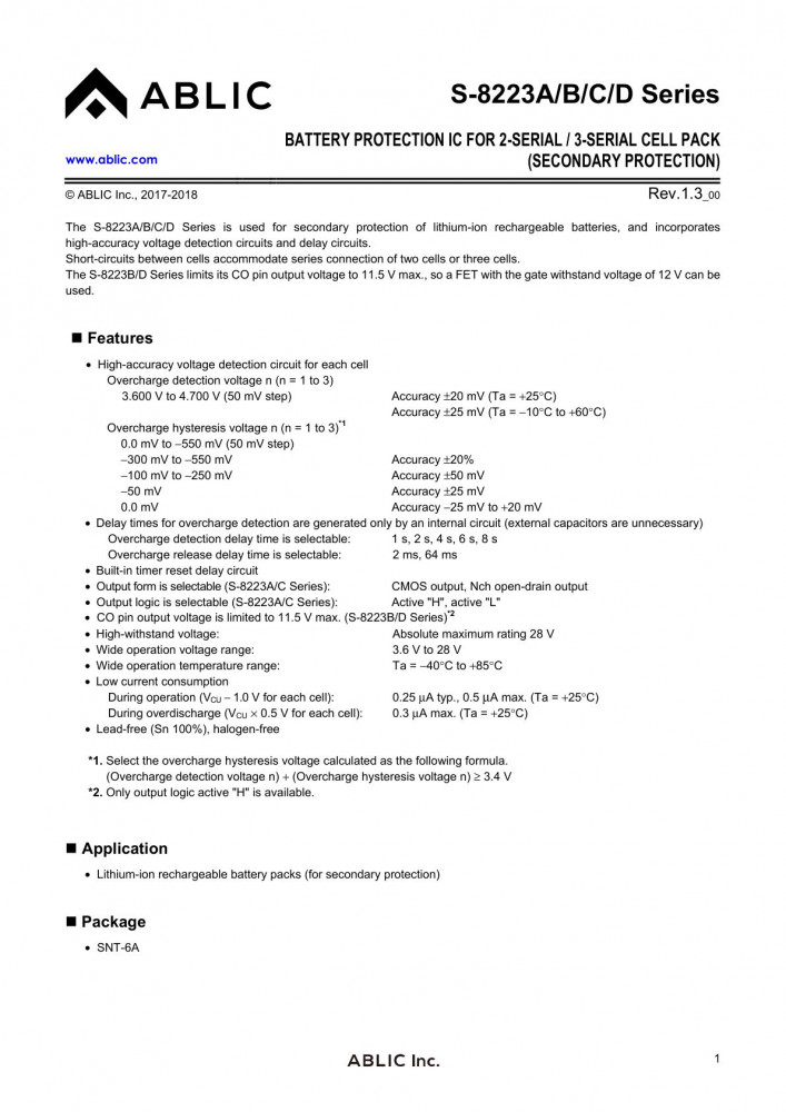 S-8223 series datasheet page 1