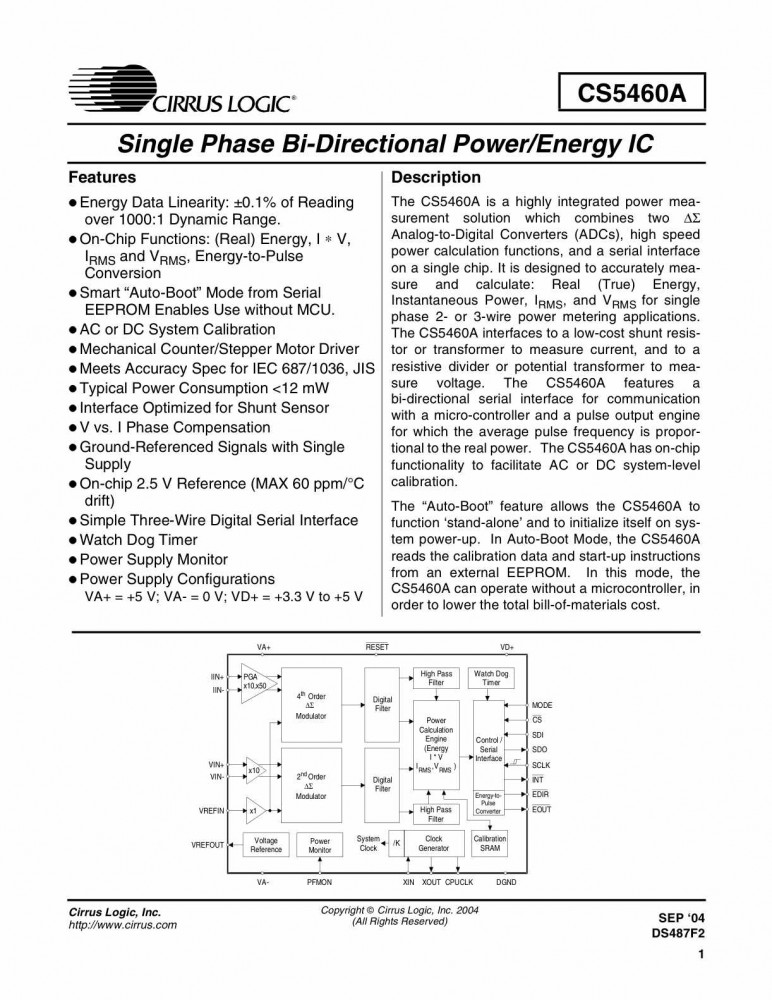 CS5460A-BSZ datasheet page 1