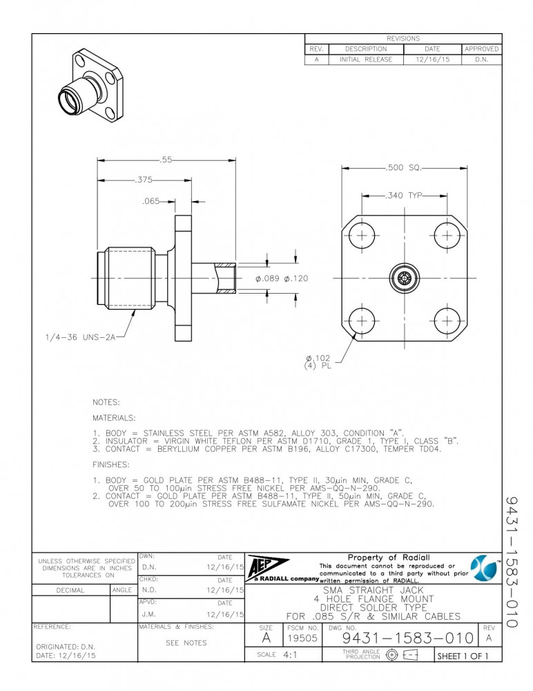 Radiall 9431-1583-010 product drawing preview