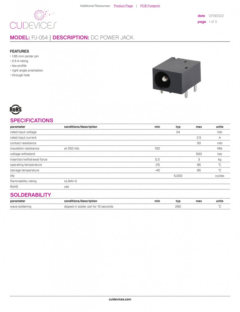 CUI PJ-054 technical document page 1