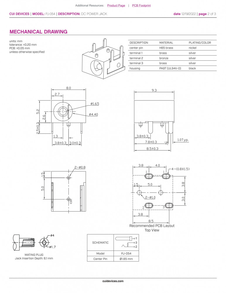 CUI PJ-054 technical document page 2
