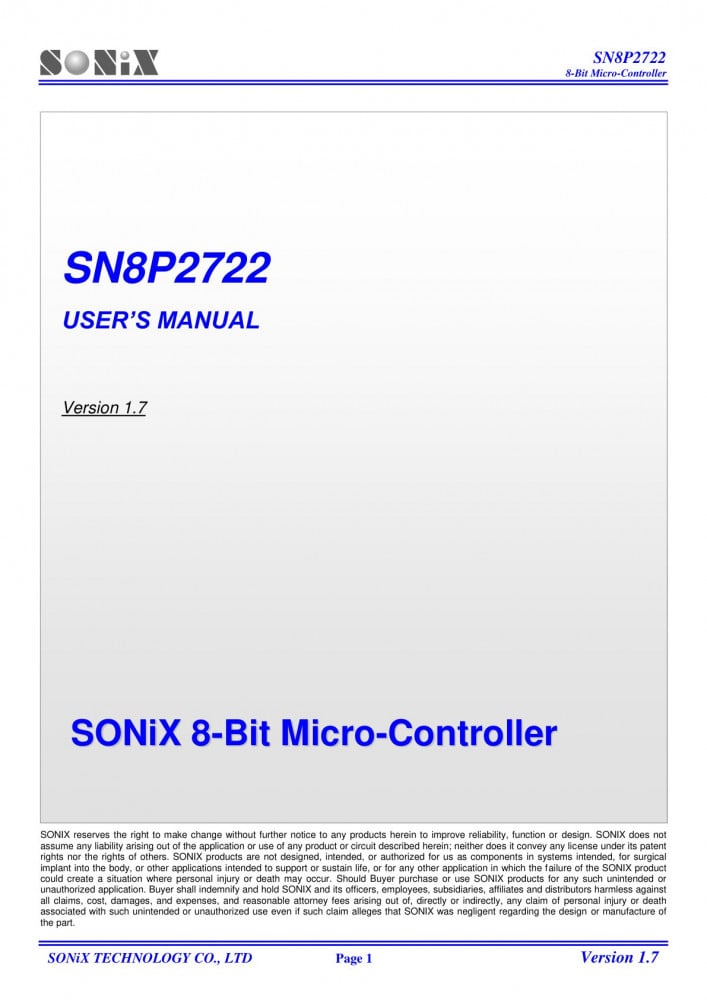 SN8P2722 manual page 1