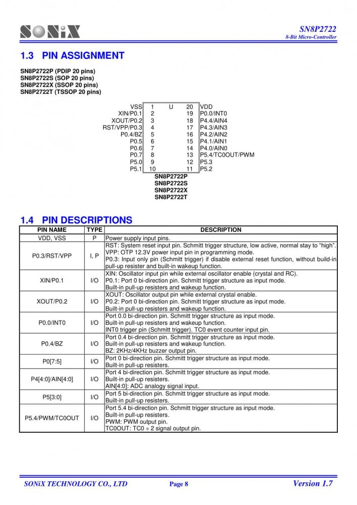 SN8P2722 manual page 8