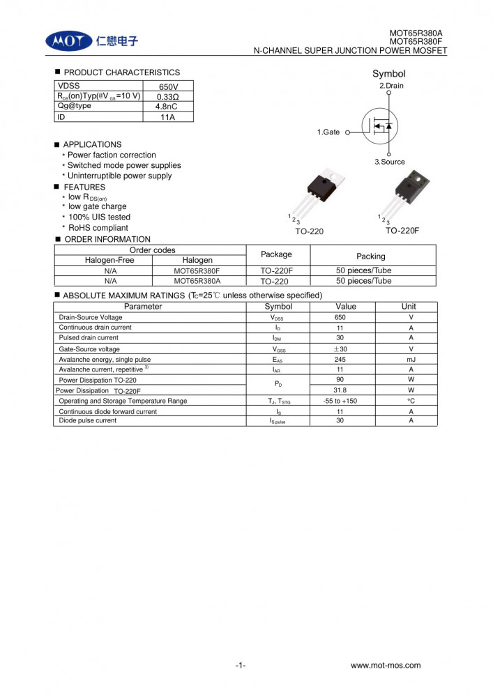 MOT65R380F datasheet page 1