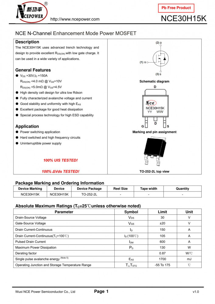 NCE30H15K datasheet page 1