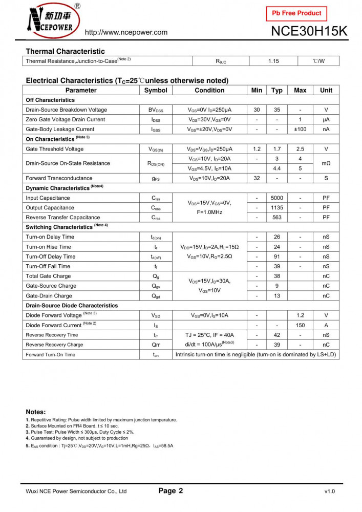 NCE30H15K datasheet page 2