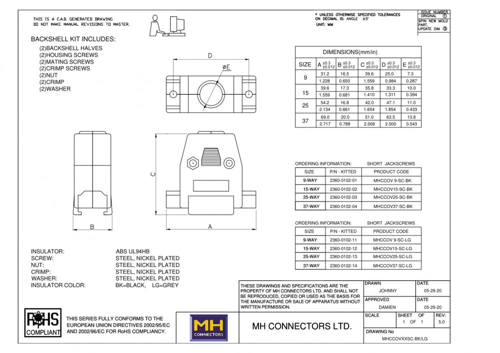 MH CONNECTORS MHCCOV series backshell drawing