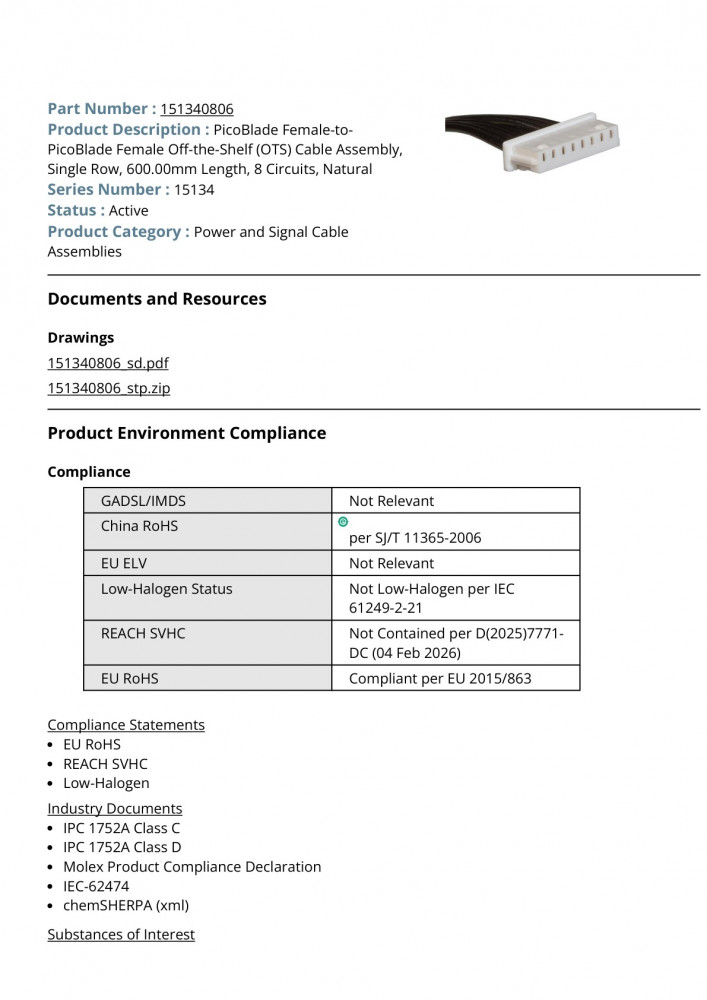 MOLEX 151340806 technical document preview, page 1