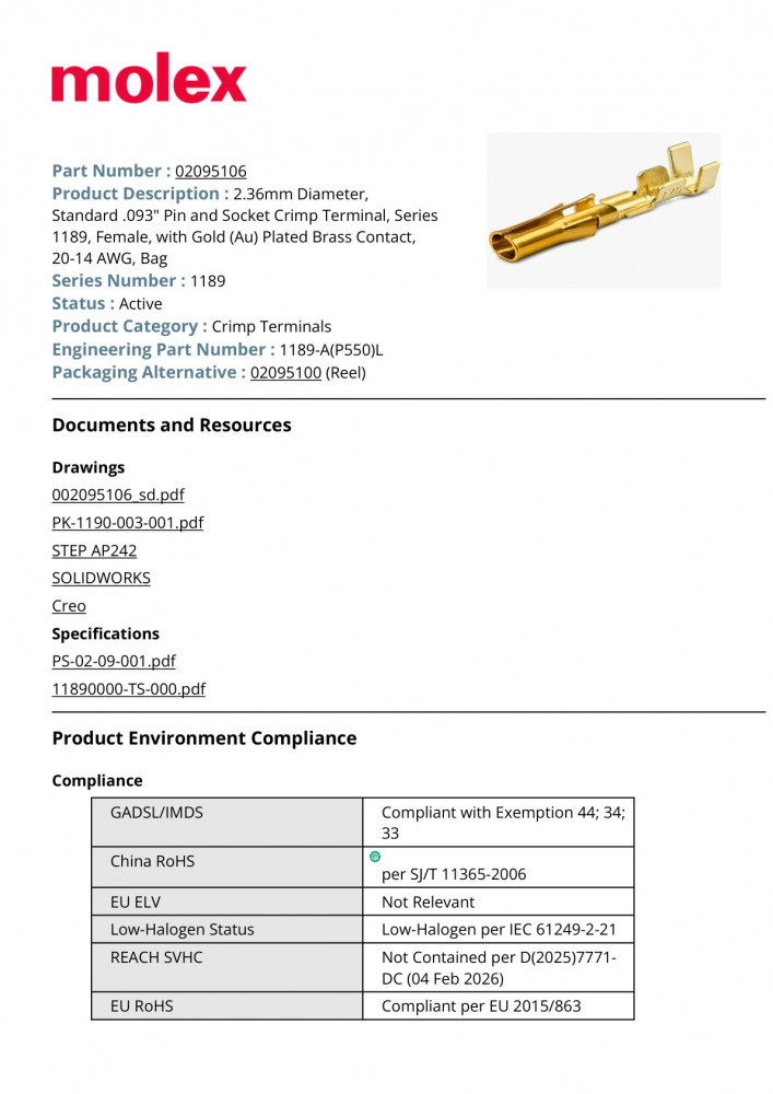 MOLEX .093 Standard Pin and Socket connector documentation, page preview 1