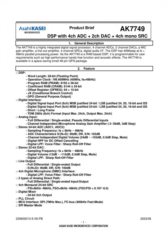 AK7749VN technical document page 1