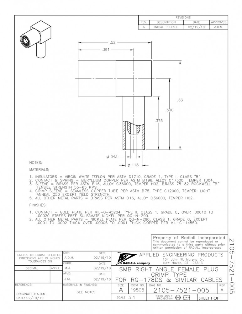 Product drawing preview for Radiall 2105-7521-005 SMB right-angle female crimp plug