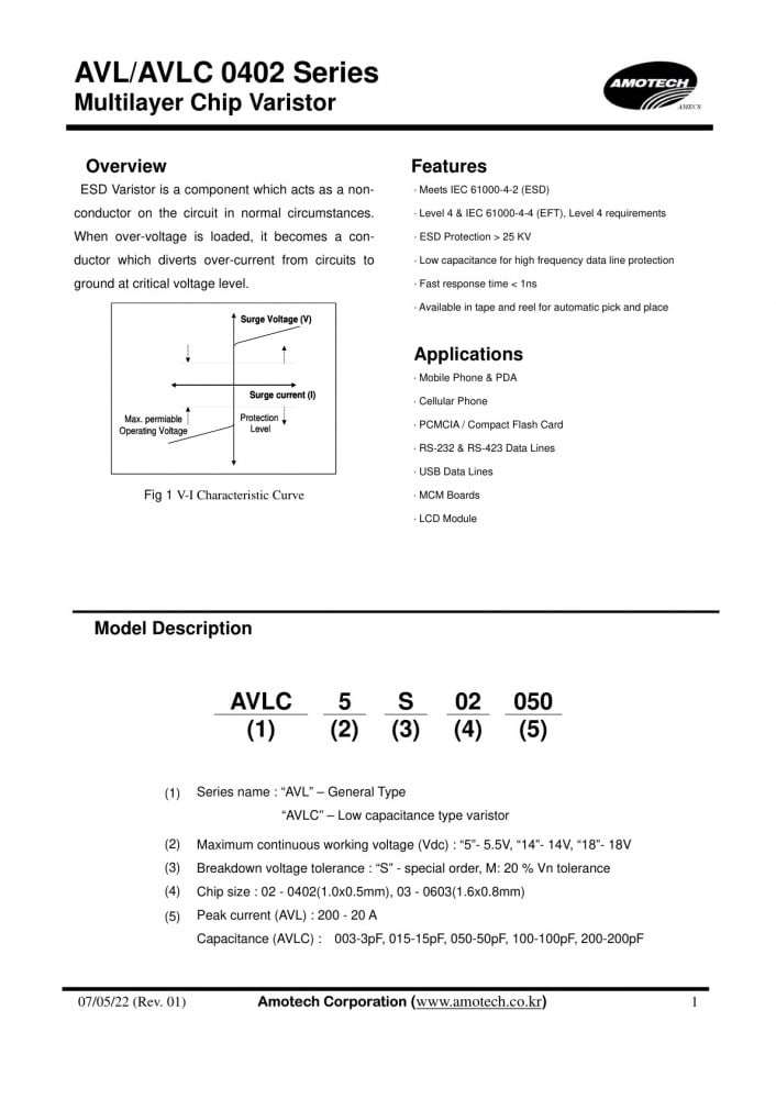 AMOTECH AVLC18S02015 datasheet page 1