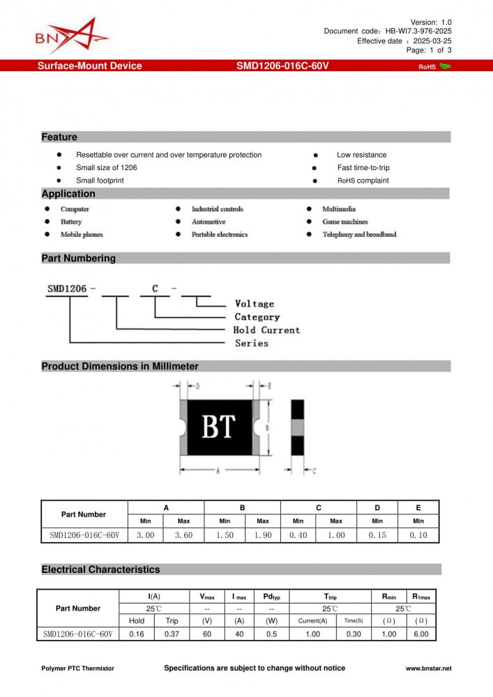 BNstar SMD1206-016C-60V datasheet page 1