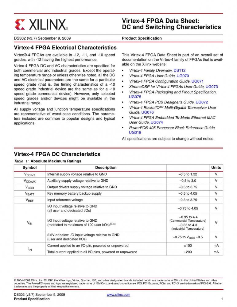 Virtex-4 datasheet page 1