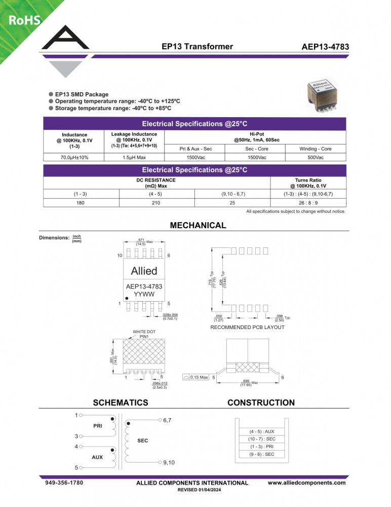 AEP13-4783 technical document page showing EP13 package and transformer specifications