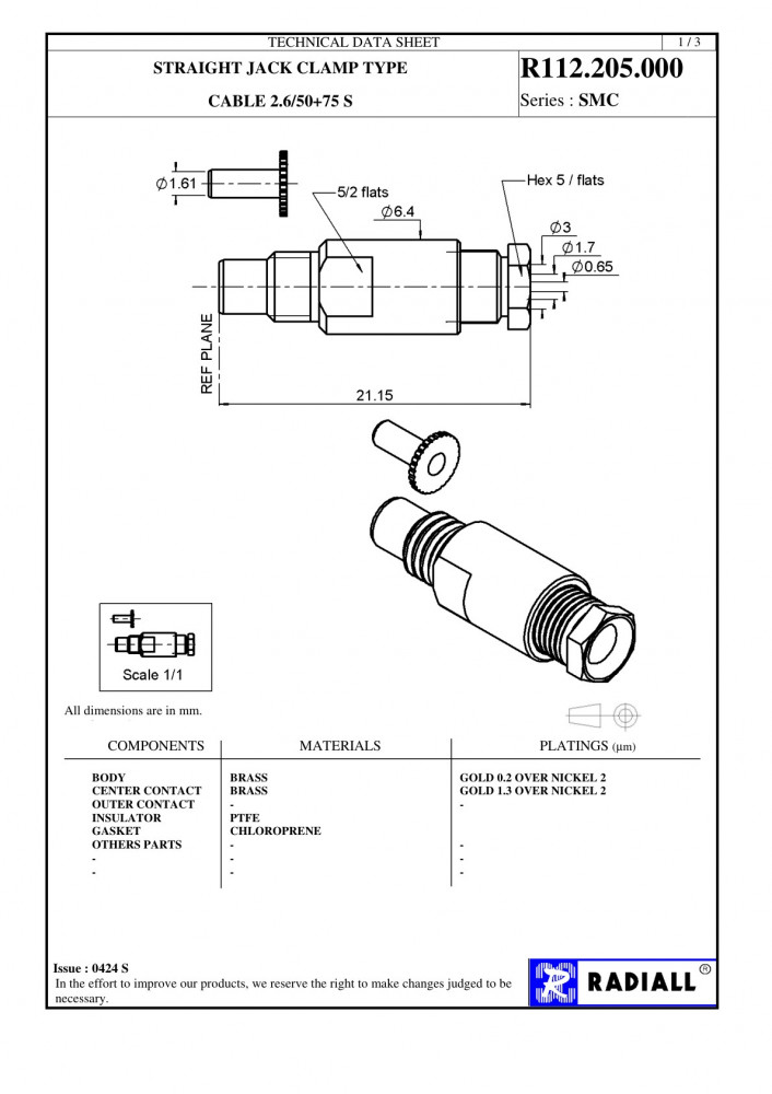Radiall R112205000 technical documentation, page 1