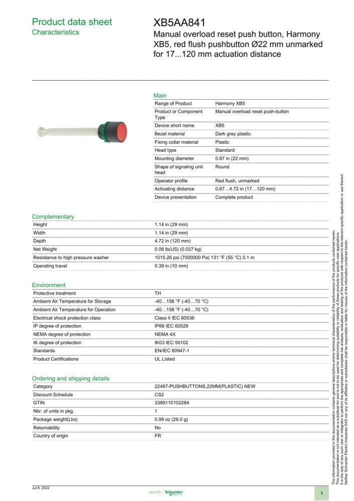 XB5AA841 technical document page 1