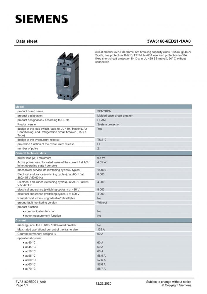 3VA5160-6ED21-1AA0 technical document page 1