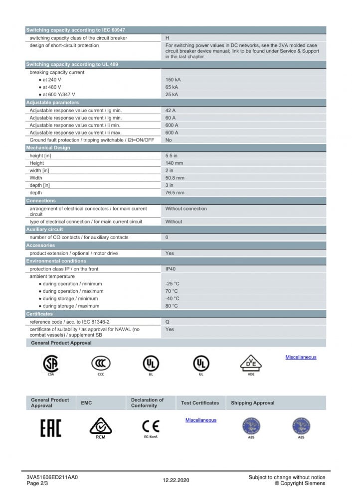 3VA5160-6ED21-1AA0 technical document page 2