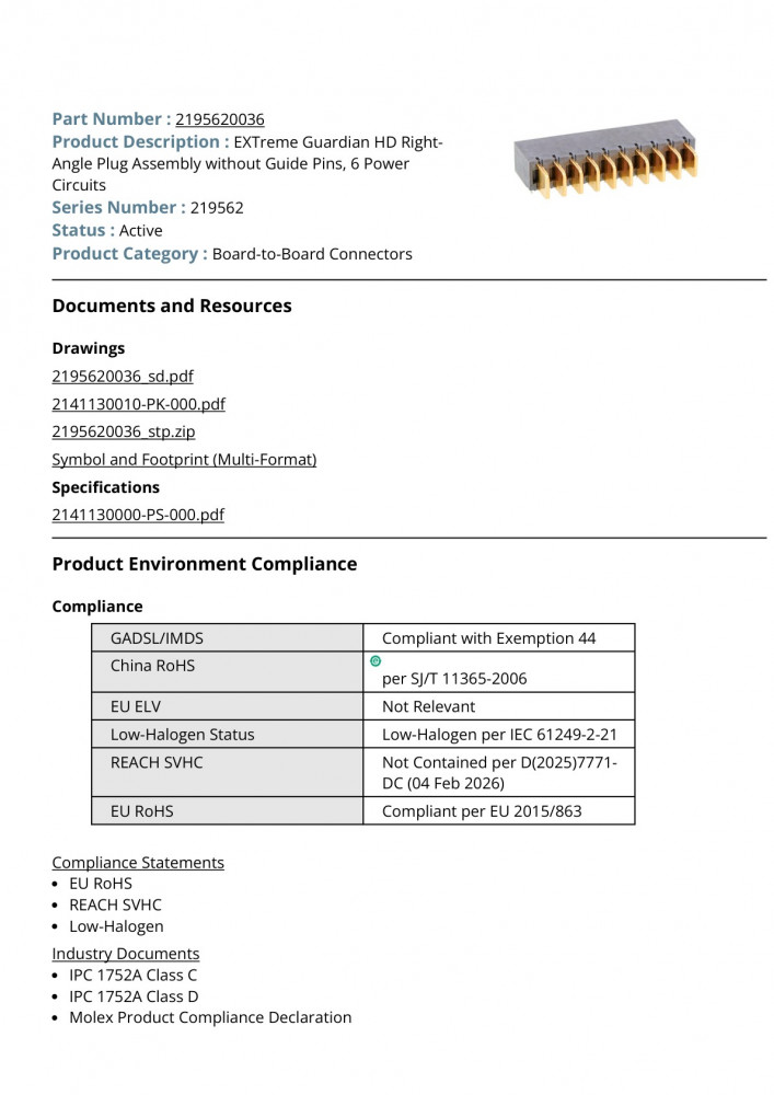 Technical document image 1 for MOLEX 2195620036