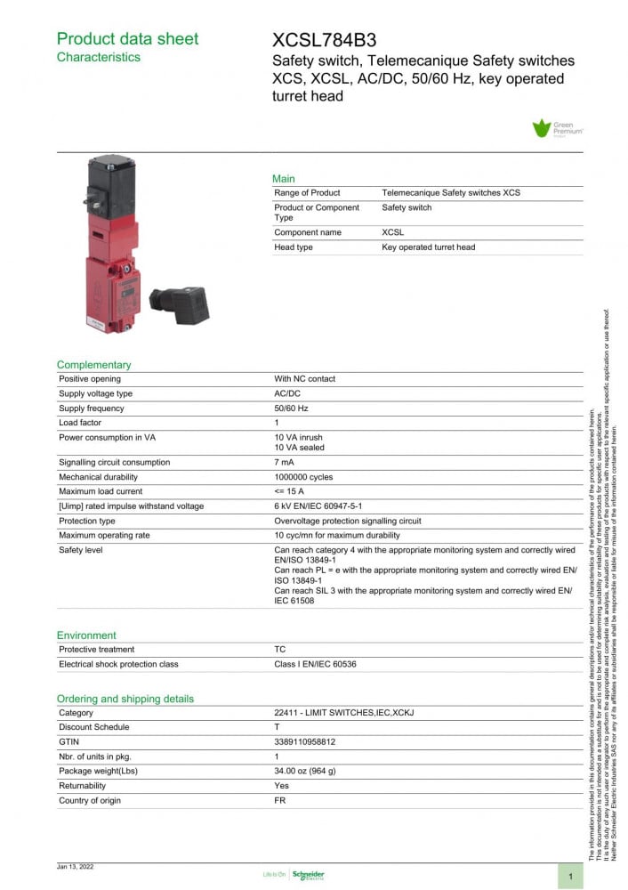XCSL784B3 technical document page 1