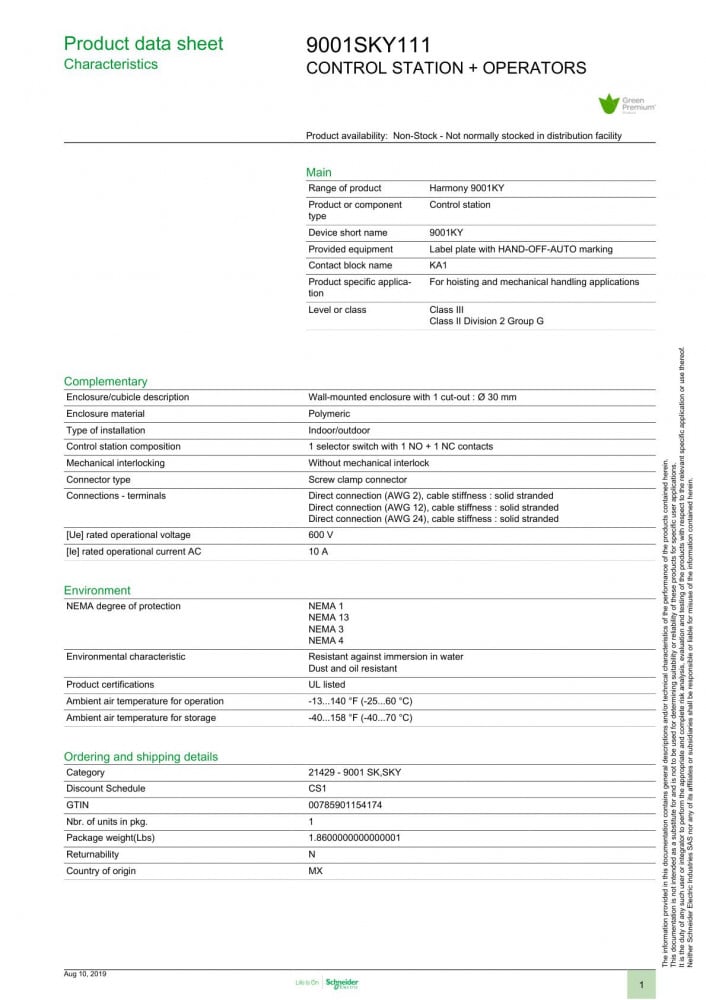 9001SKY111 technical document page 1