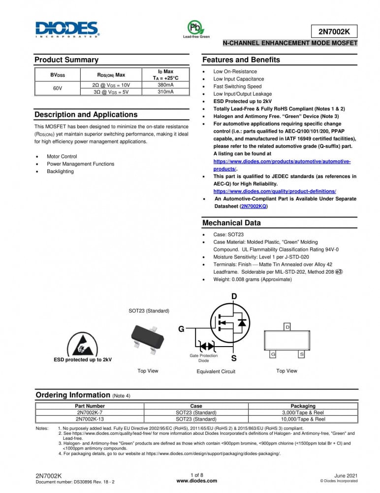 2N7002KQ-13 datasheet page 1