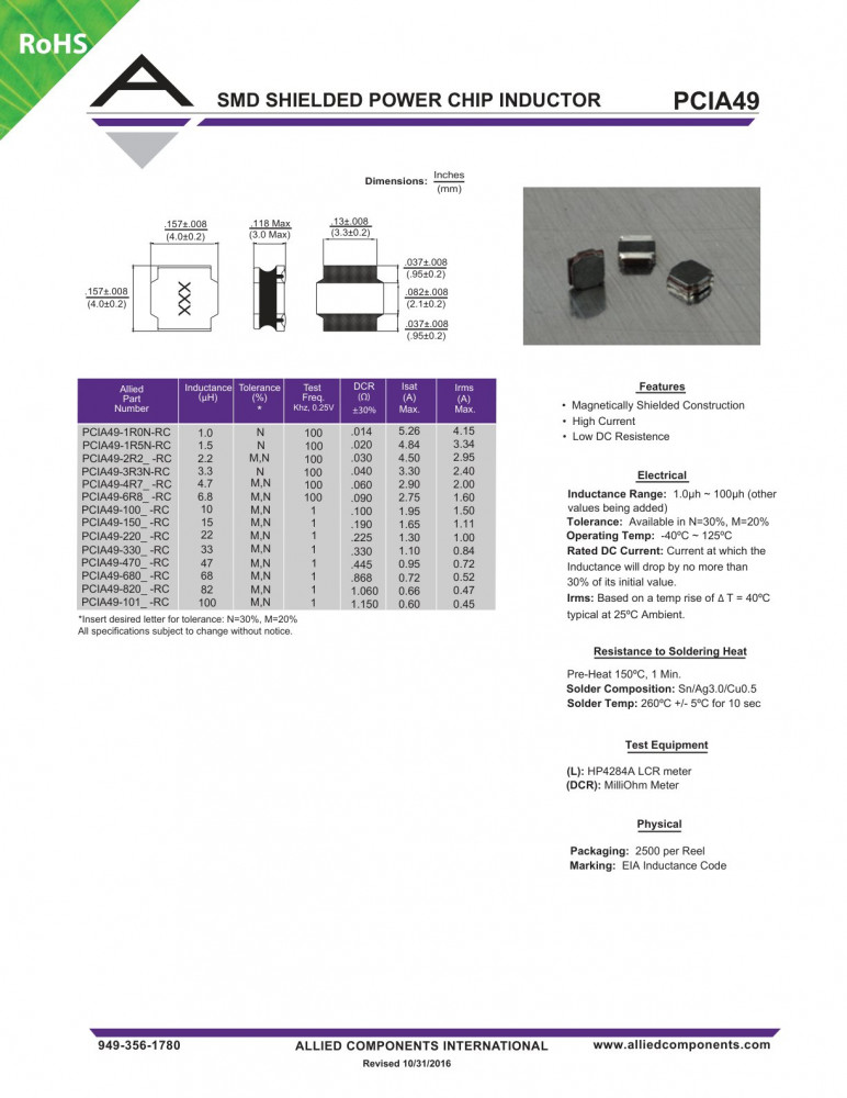 PCIA49 series datasheet page with dimensions and electrical characteristics