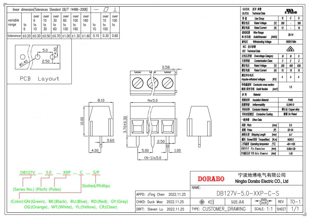 DORABO DB127V-5.0-6P-GN-S technical document preview