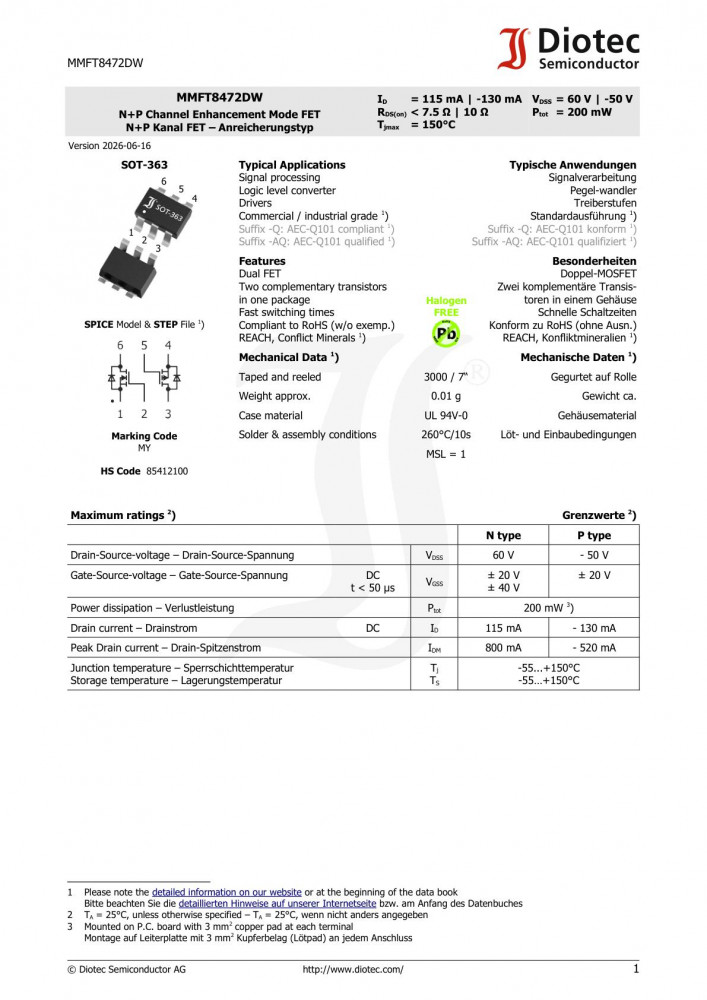 DIOTEC MMFT8472DW datasheet page 1