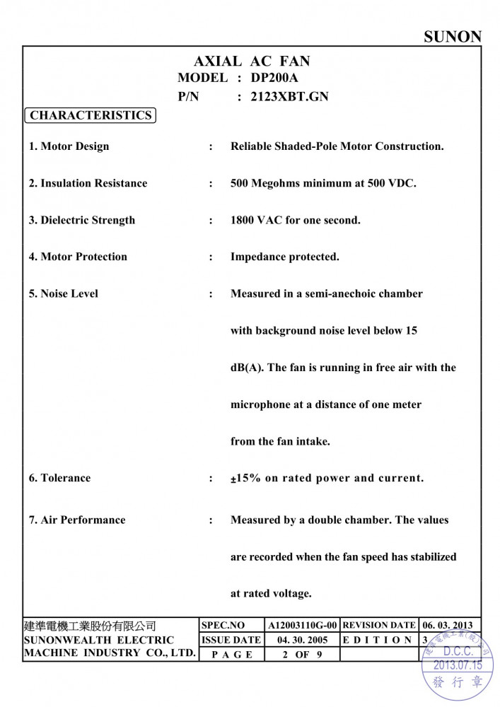 SUNON DP200A specification page 2