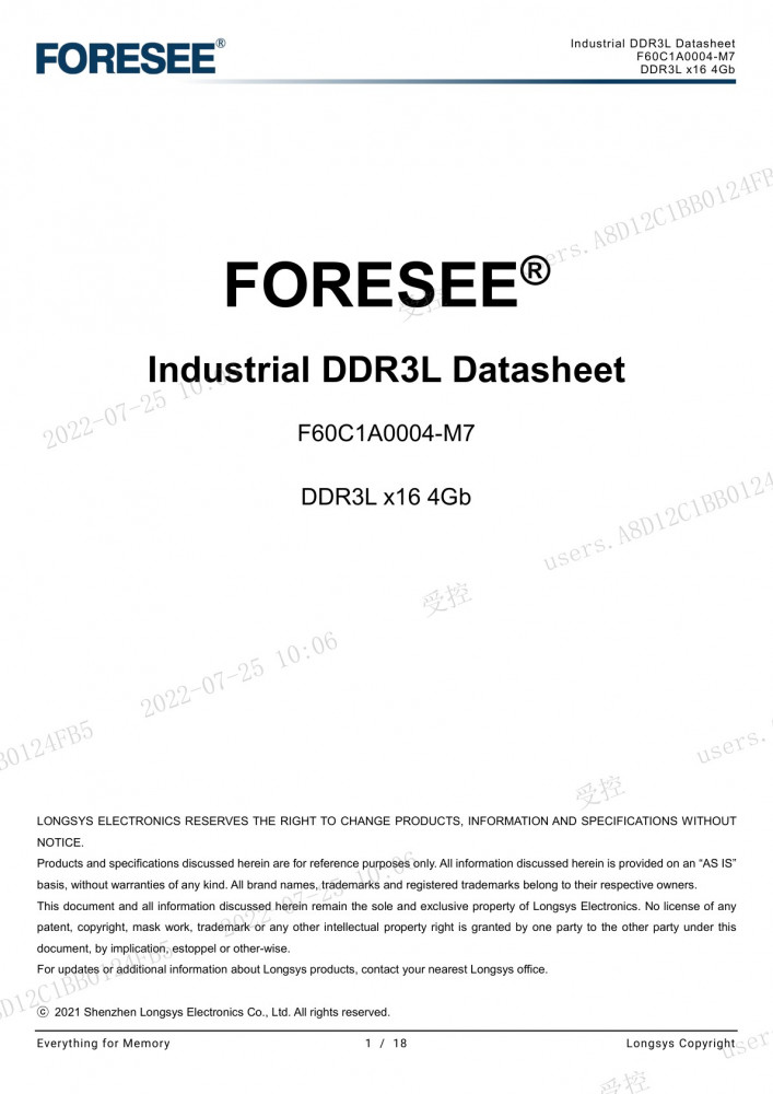 FORESEE DDR3L datasheet page 1