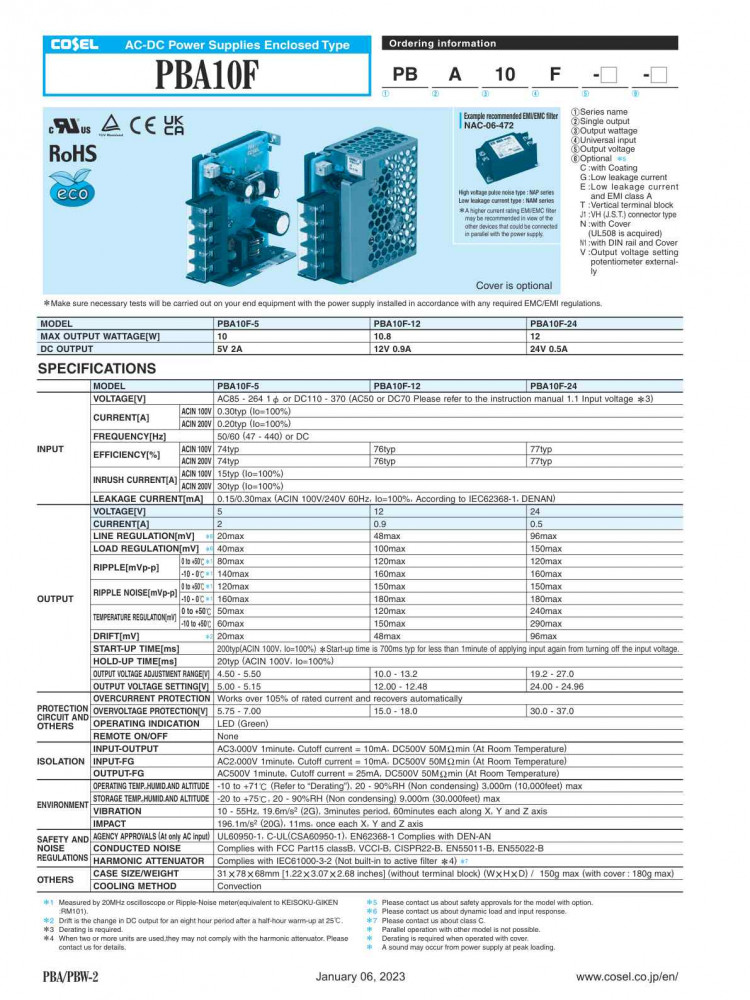 Cosel PBA series datasheet page 2