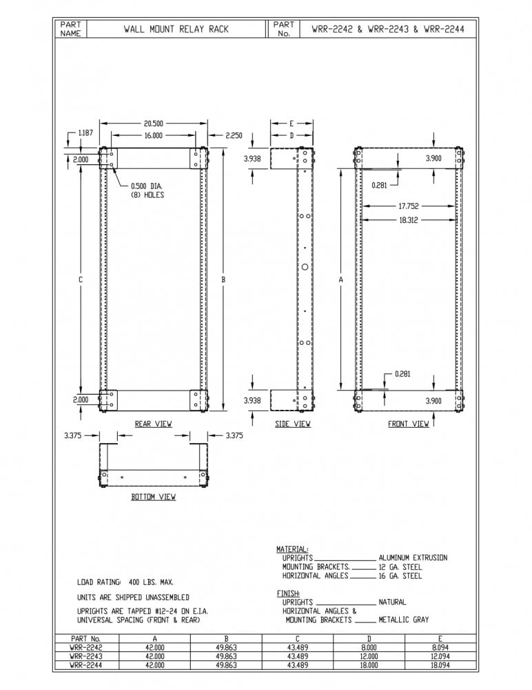 WRR-2243 wall mount relay rack technical document image