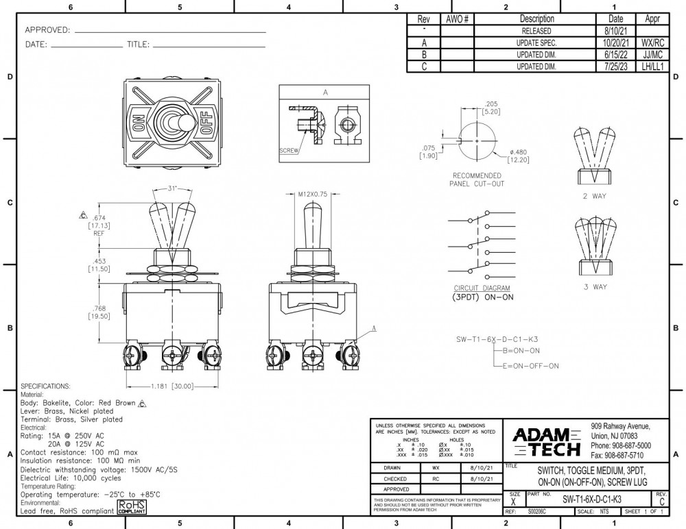 ADAM TECH toggle switch technical drawing page
