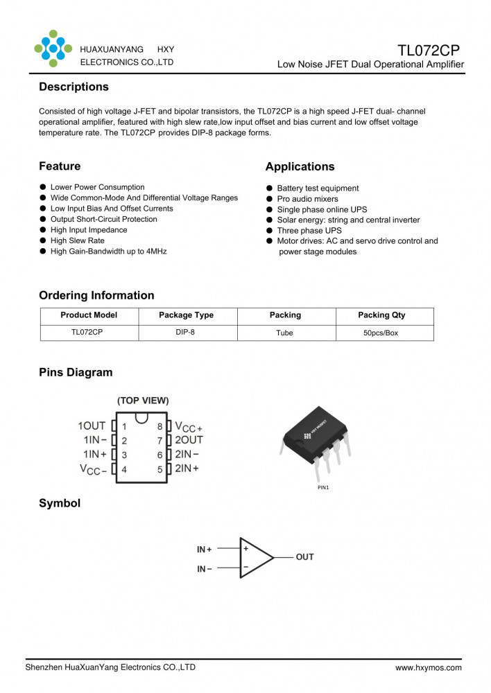 TL072CP-HXY technical document page 1