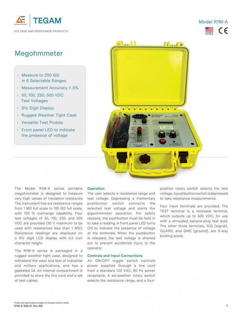 R1M series megohmmeter document page 1