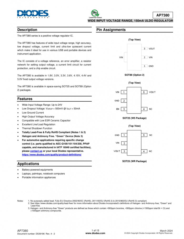 AP7380 datasheet page 1