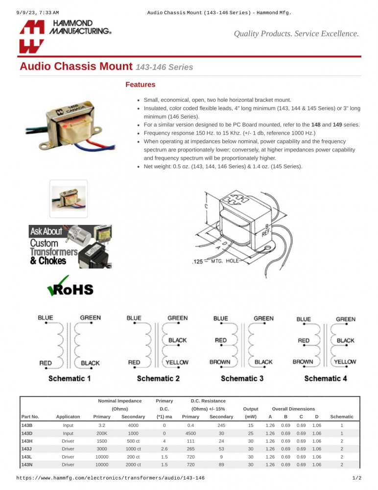 Hammond 143-146 audio transformer documentation page 1