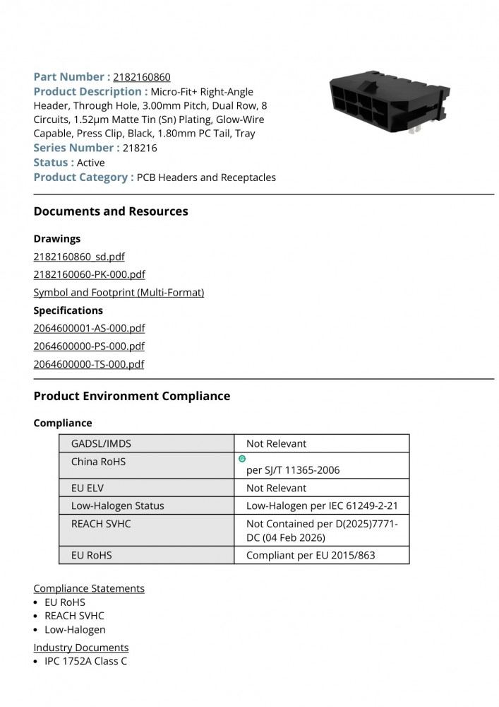 MOLEX 2182160860 product document image, page 1