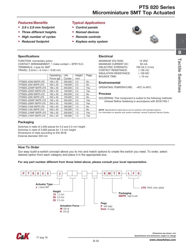 C&K PTS820 series technical document page 1