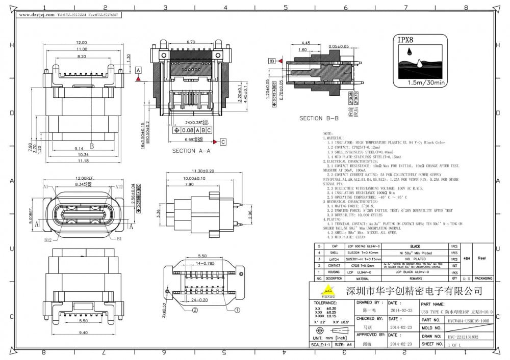 HYCW404-USBC16-100B technical drawing page 1