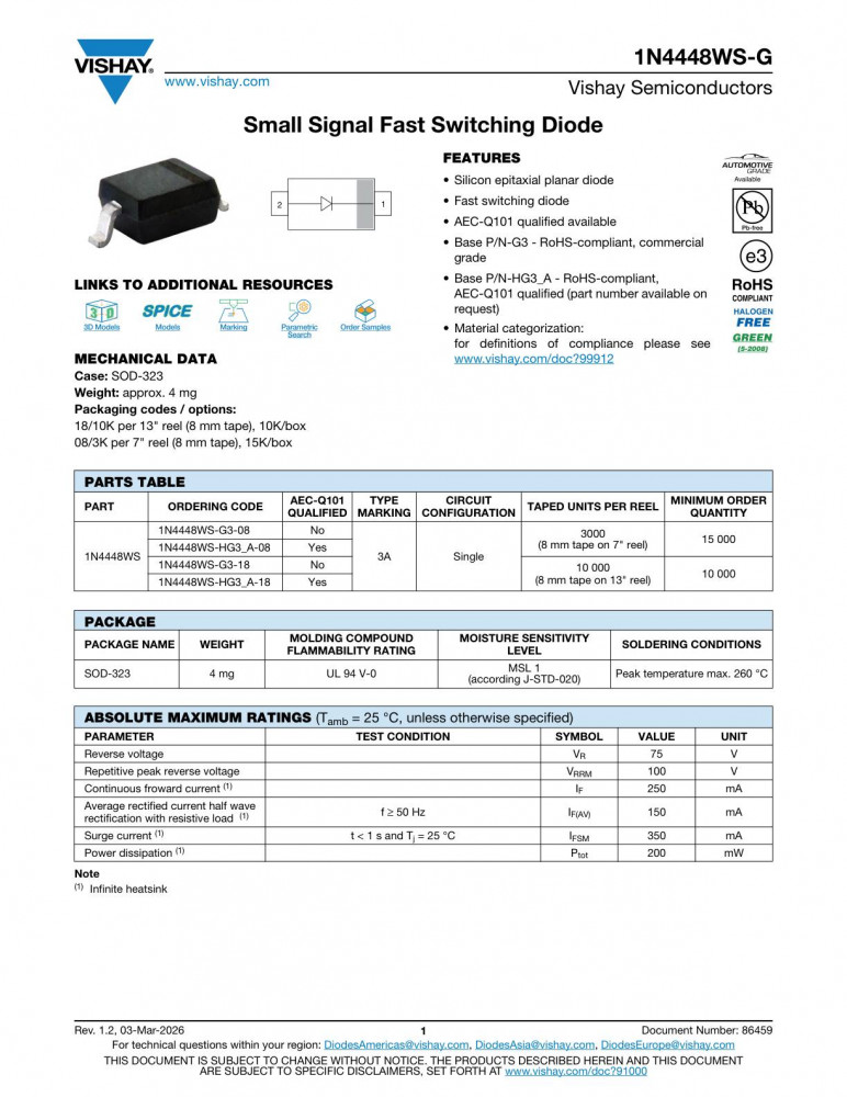 1N4448WS datasheet page 1