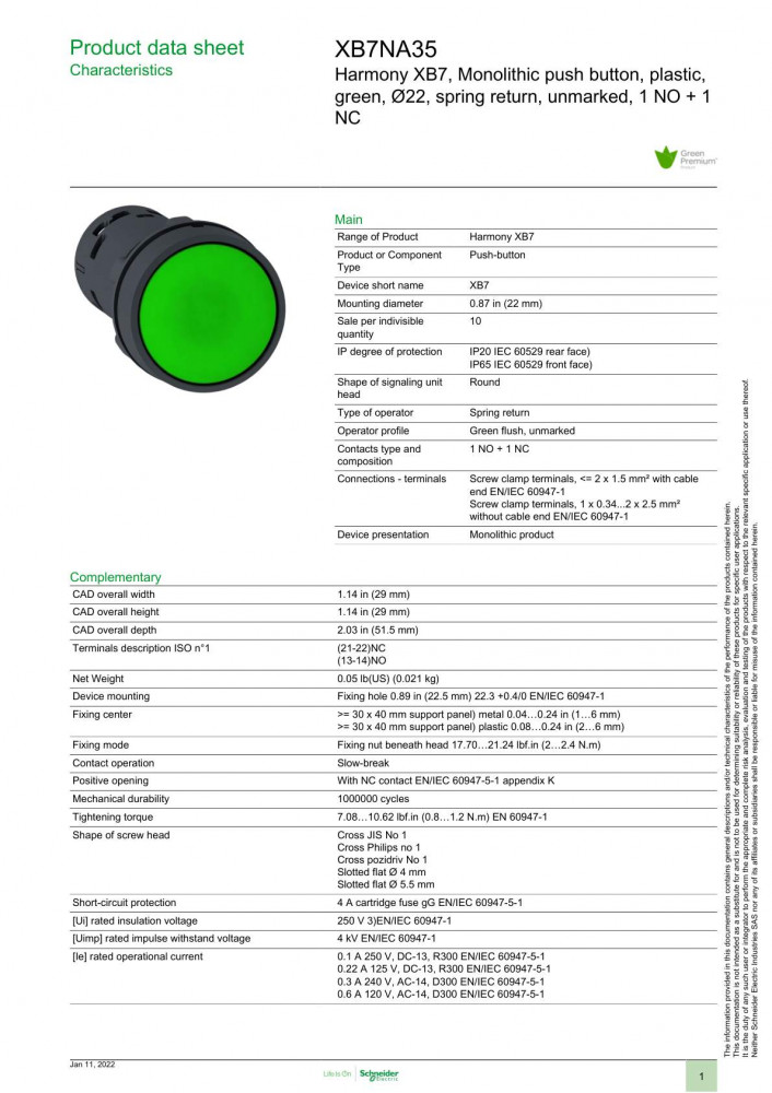 XB7NA35 technical document page 1