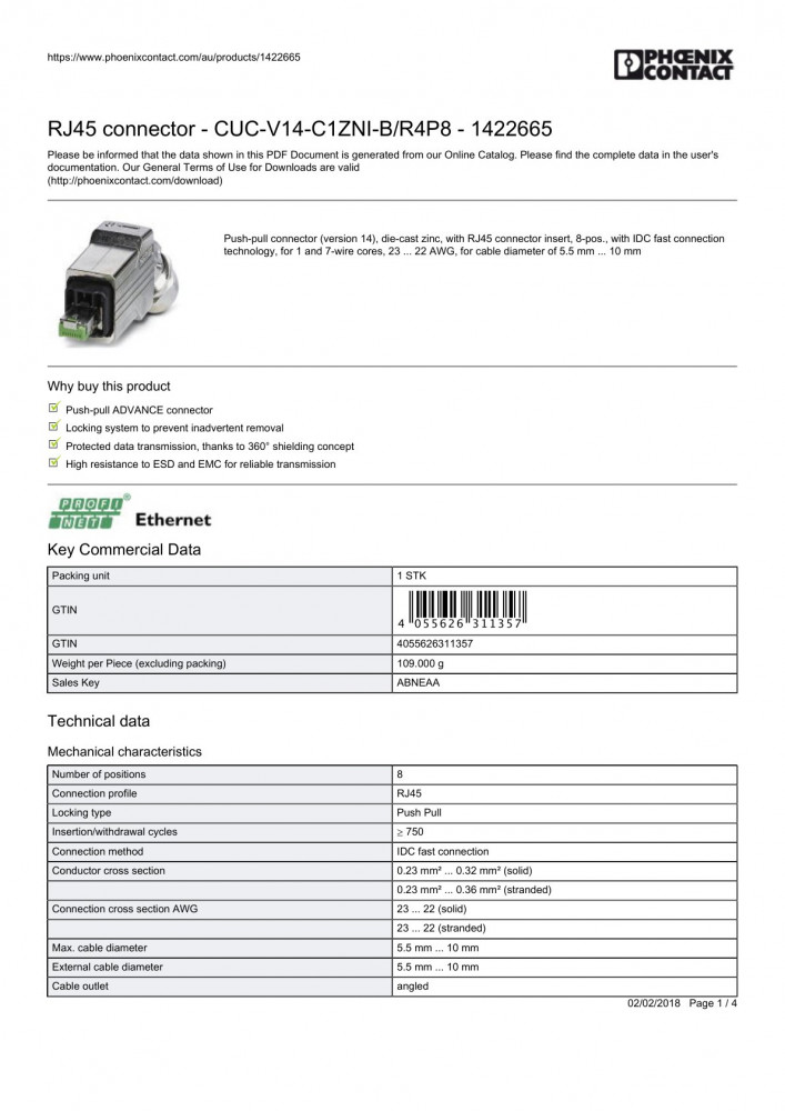 Phoenix Contact 1422665 product document page 1