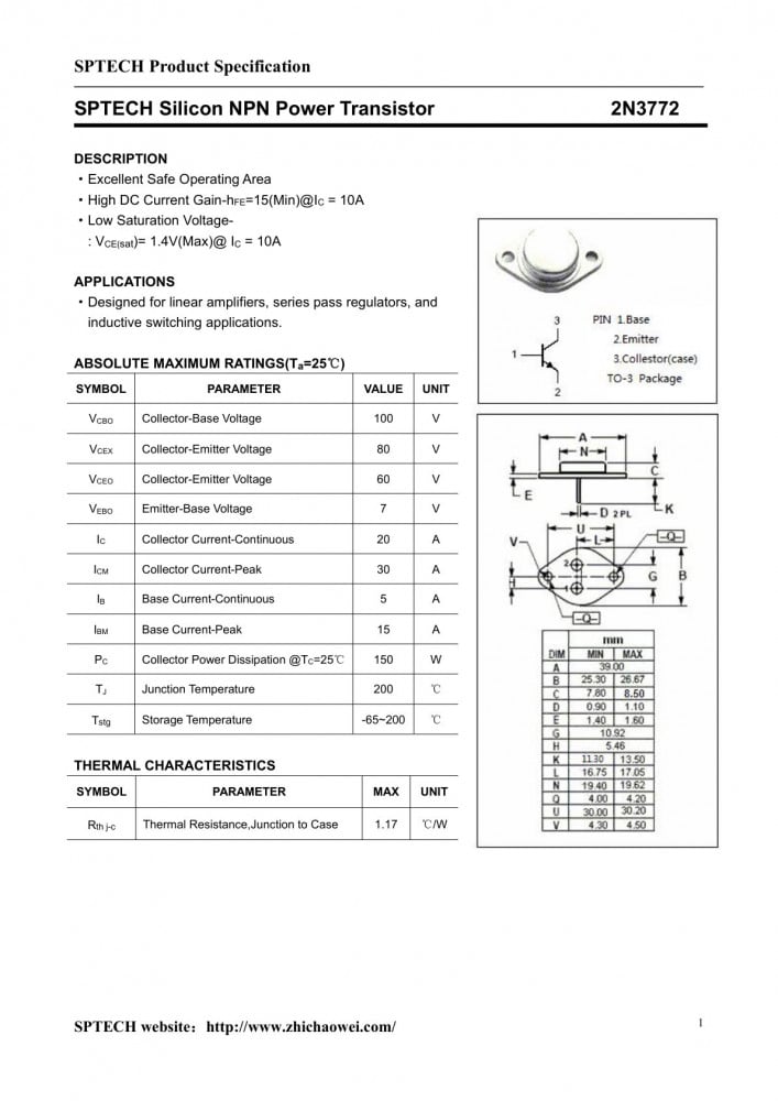 SPTECH 2N3772 datasheet page 1