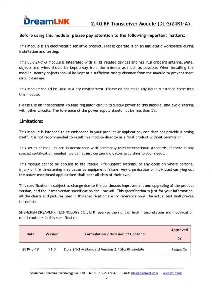 DL-Si24R1-A datasheet page 2