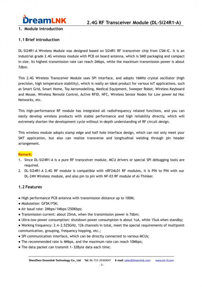 DL-Si24R1-A datasheet page 3